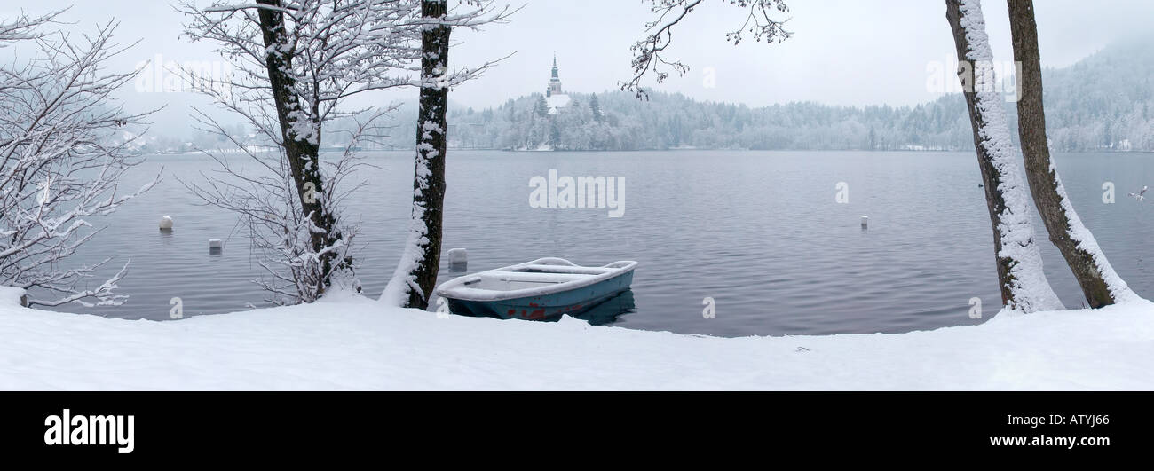 Panorama Lake Bled Chuch Convent Island Snow Winter Boat Slovenia Stock ...