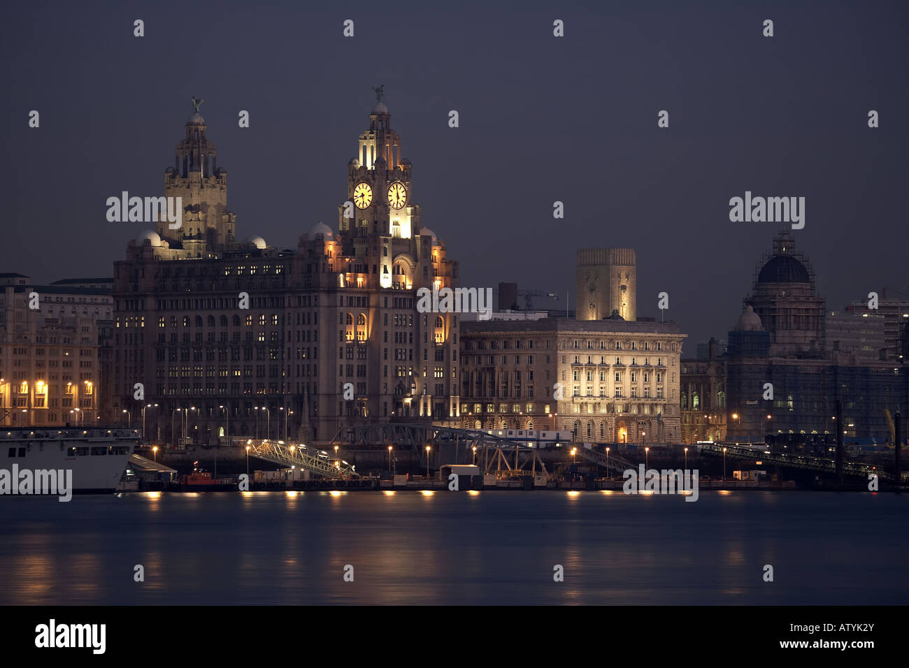 Liverpool skyline and the Royal Liver Building at night has seen from ...