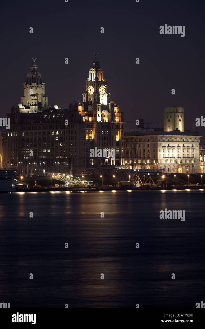 Liverpool skyline and Liver Building at night has seen from over the ...