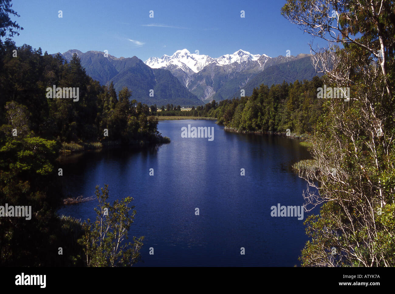 Lake Matheson in the South Island of New Zealand looking southeast ...