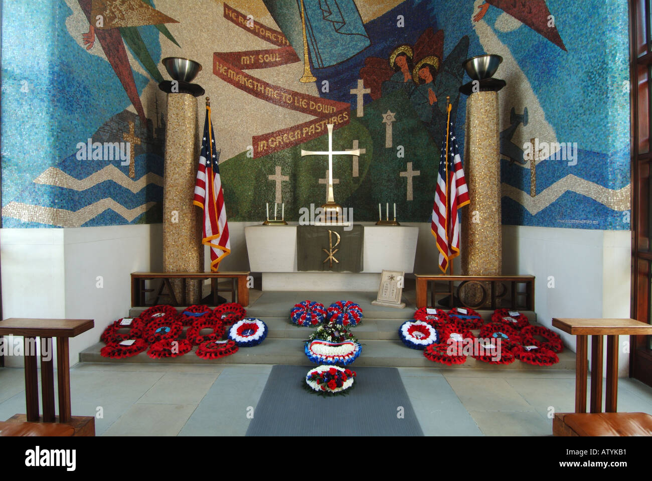Cambridge American Cemetery & interior Memorial Chapel altar flag ...