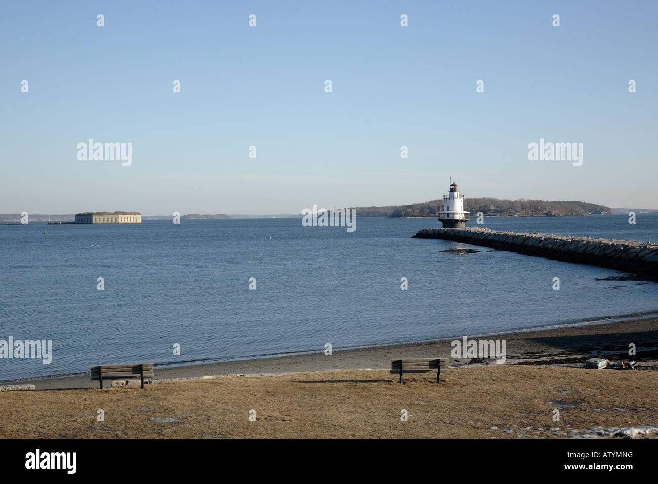 Spring Point Ledge Light at Fort Preble during the winter months ...