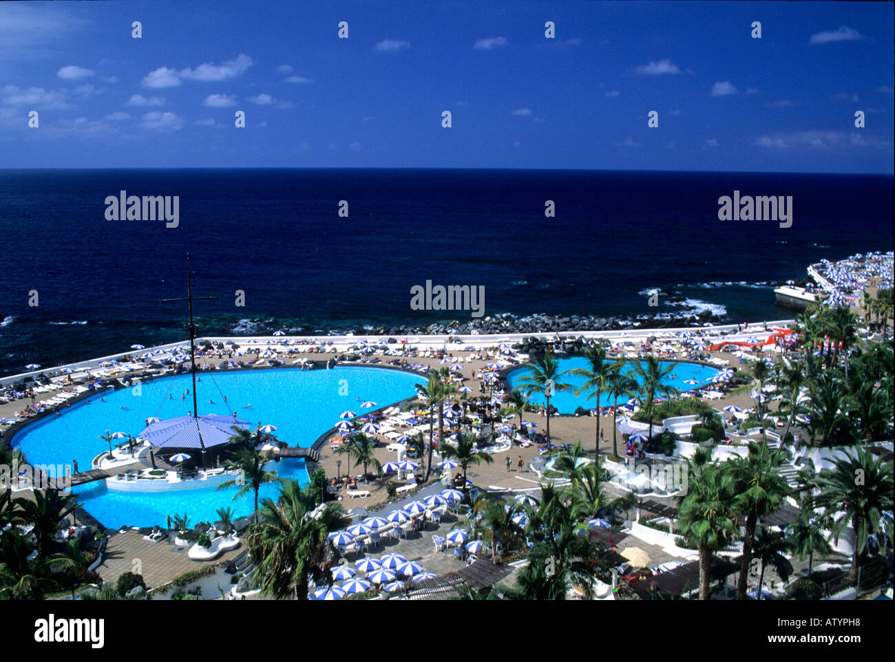 Lago Martianez swimming pool with sculpture Tenerife Canary Islands ...