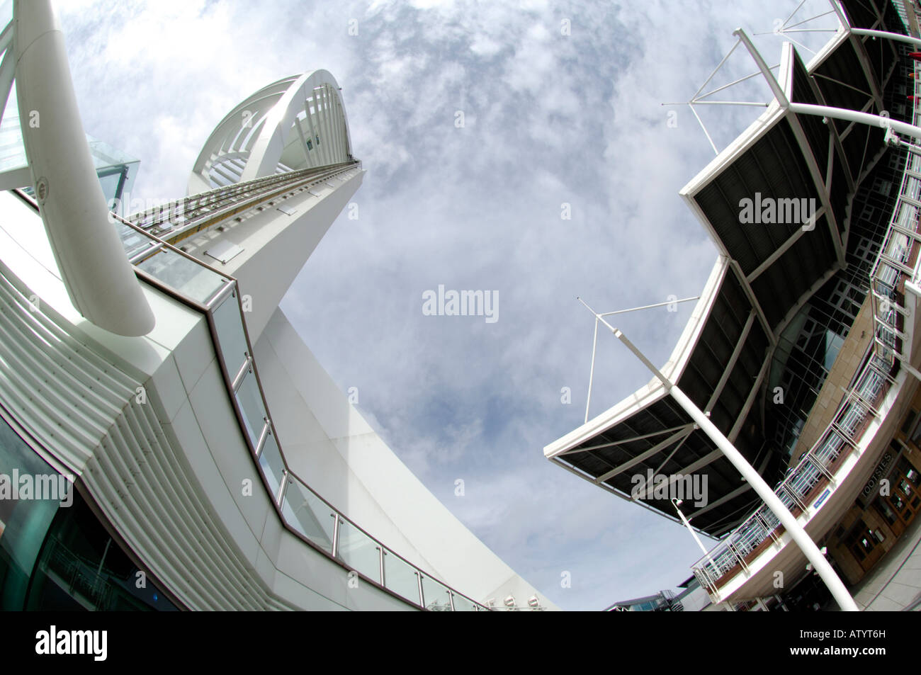 a fisheye lens view of the spinnaker tower in portsmouth at gunwharf ...