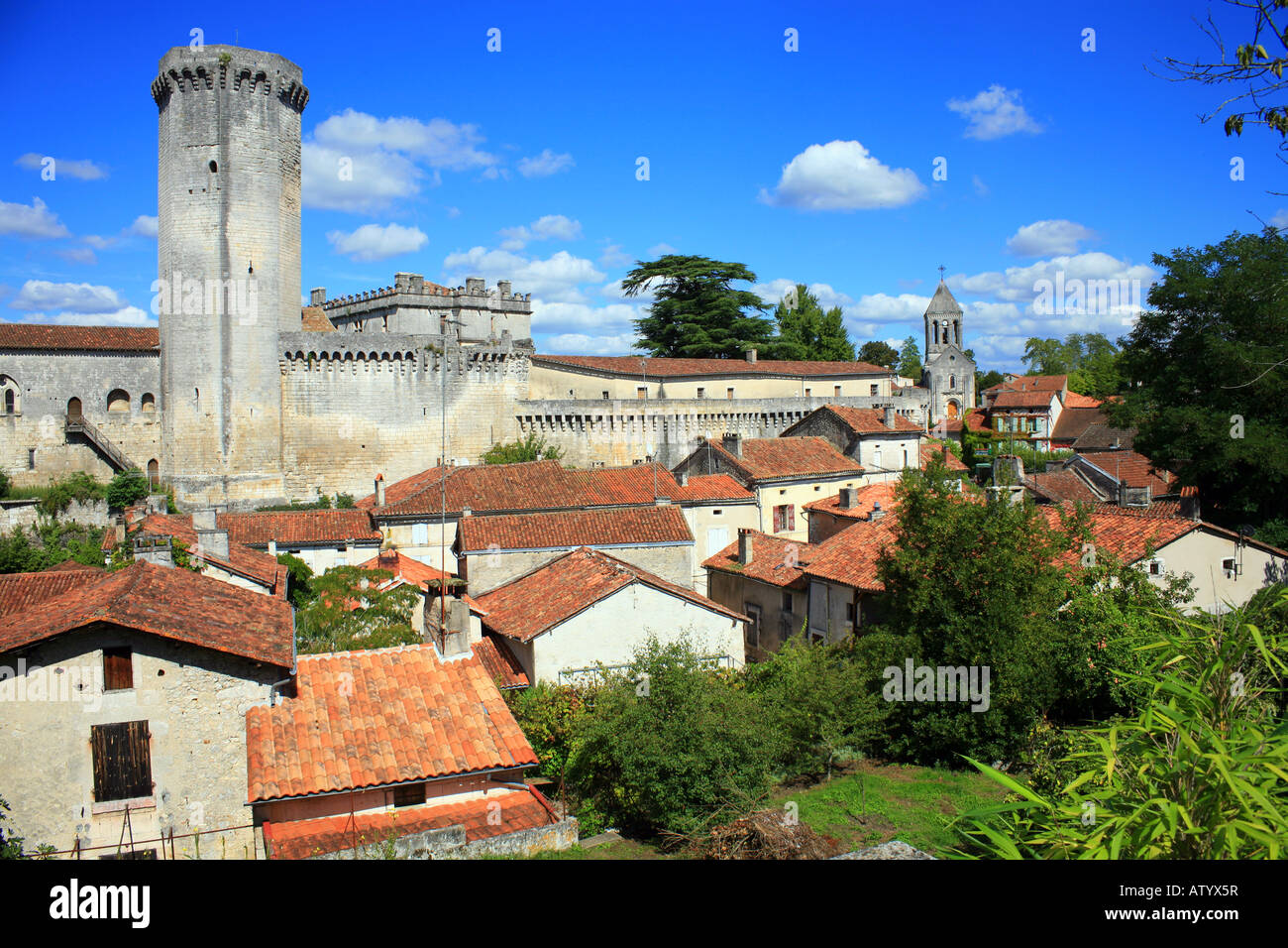 View of Chateau and roof tops at Bourdeilles, Dordogne, France Stock ...