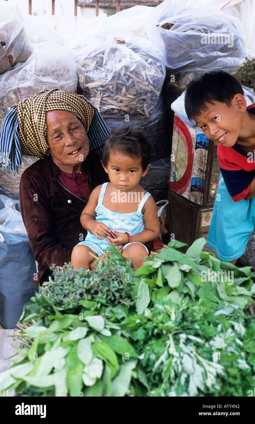 A Khmer grandmother and her baby and a young boy sat amongst plants and ...