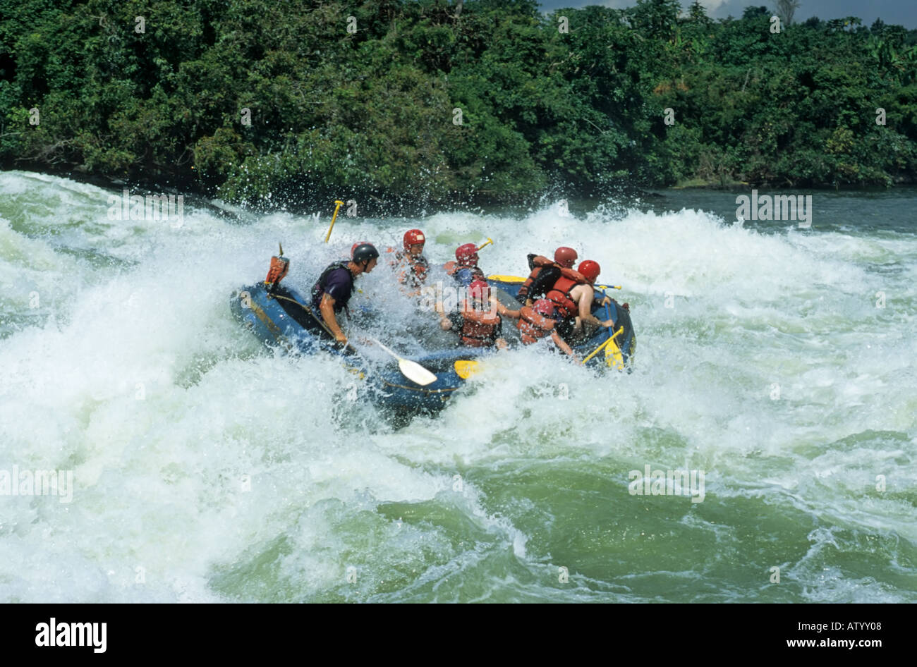 White water rafting on the River Nile, Bujagali Falls, Uganda Stock ...