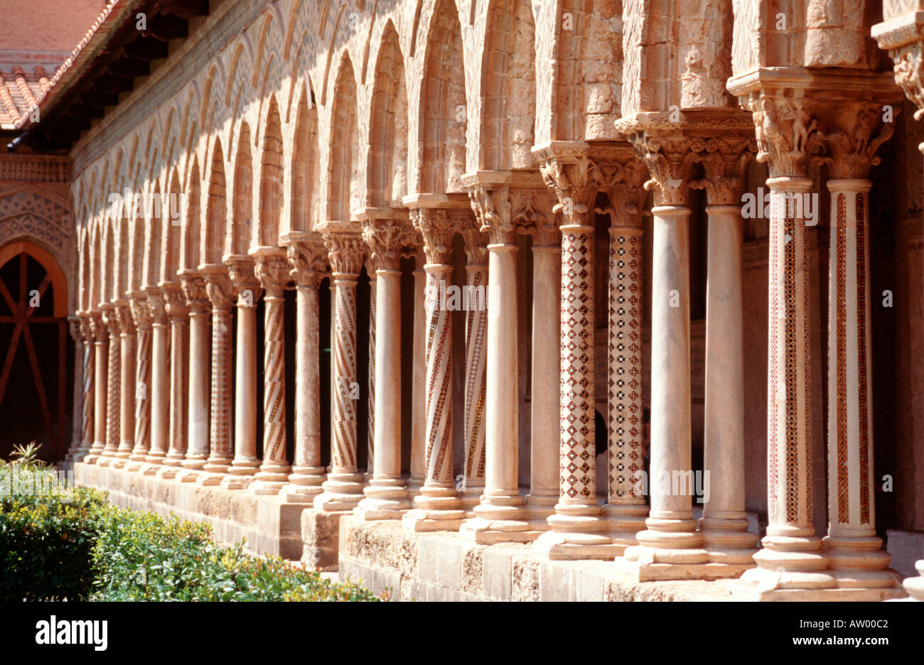 Monreale Cloister with Arabian marble pillars Sicily Italy Stock Photo ...