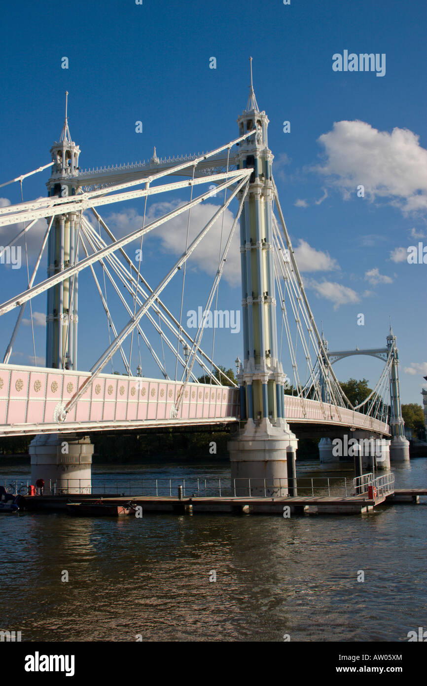 Albert Bridge from Chelsea Embankment across the River Thames London ...