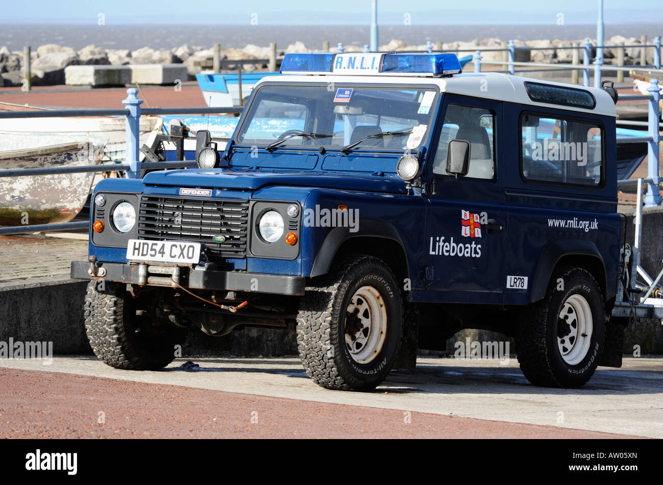 Royal National Lifeboat Institution Land Rover Defender on the slipway ...