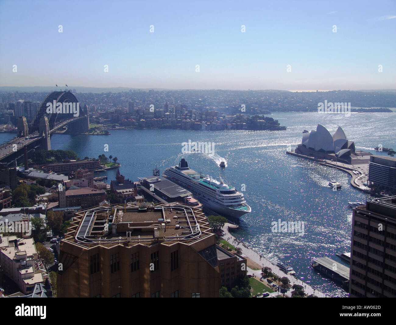 High level view of Sydney Harbour with Harbour Bridge Opera House and ...