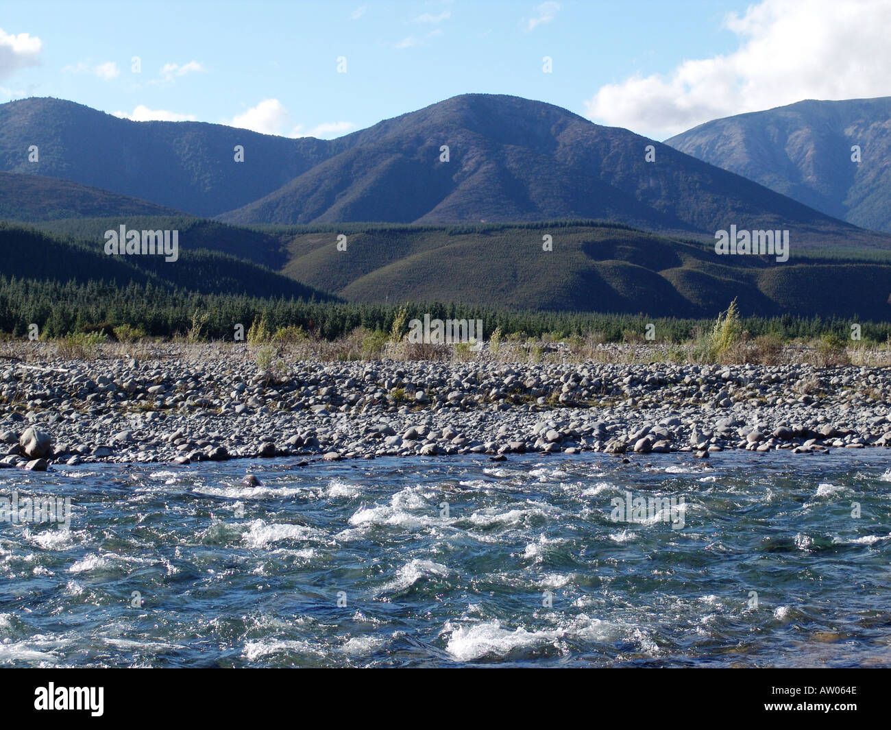 New Zealand South Island mountain view with bubbling river Stock Photo ...