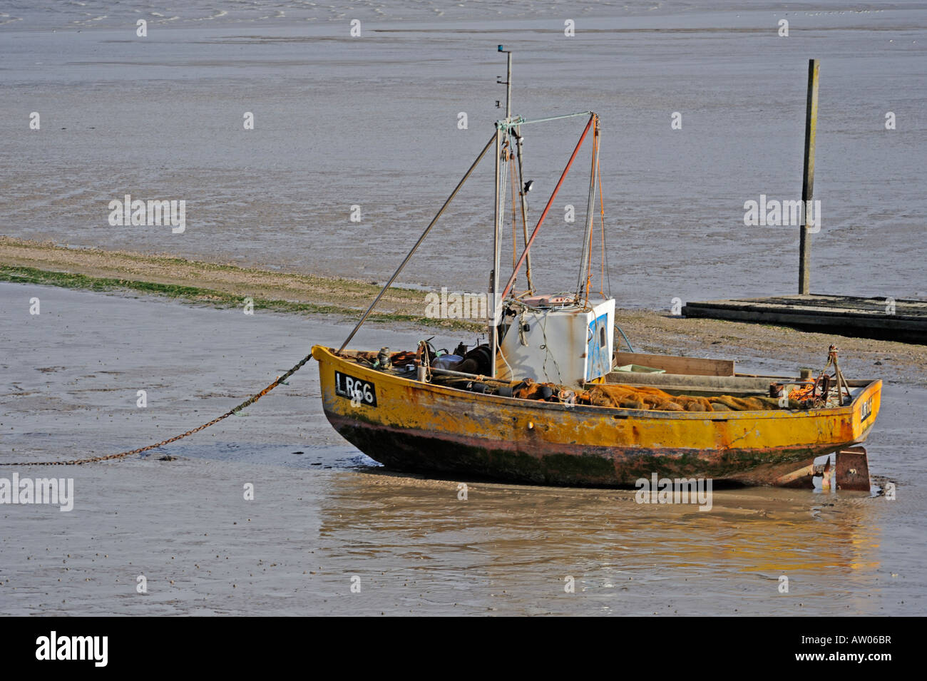 Beached fishing boat LR66. Morecambe Bay, Lancashire, England, United ...