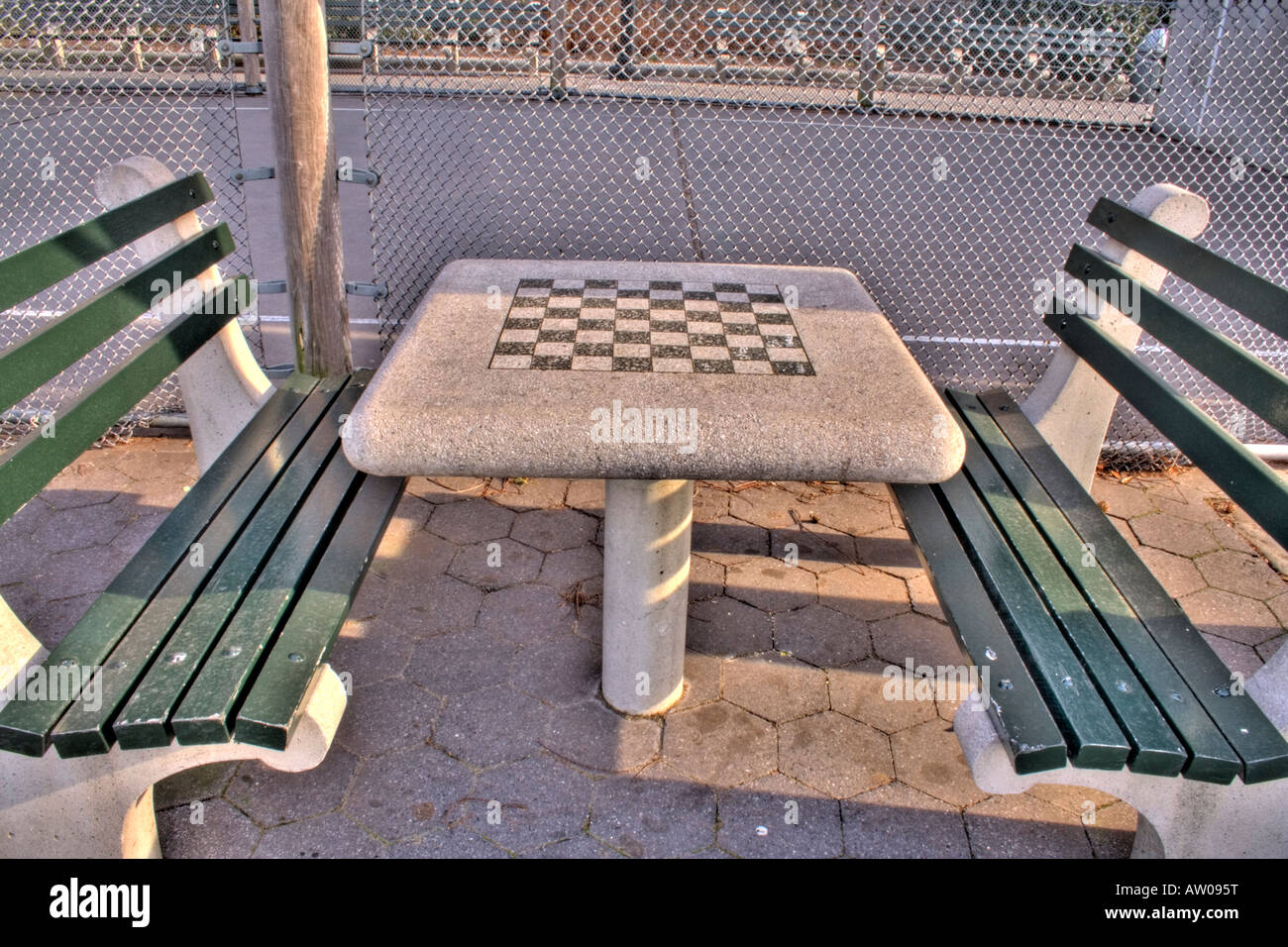 Chess board table and benches in the city park in Downtown Manhattan ...