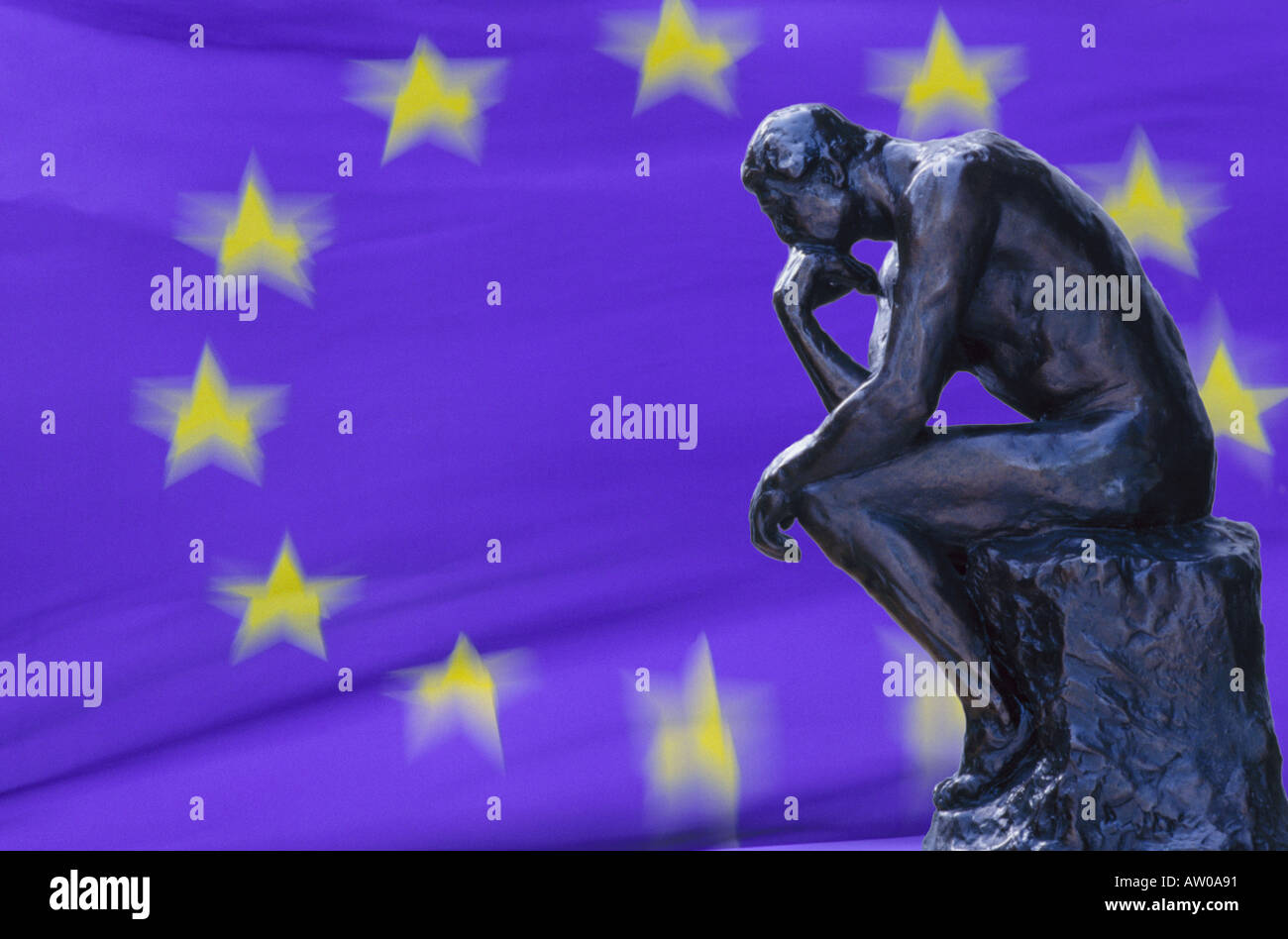 Rodin s Thinker with blurred EEC flag as background Stock Photo - Alamy