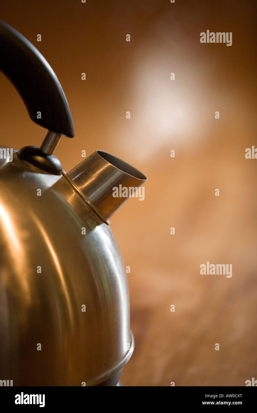 a stainless steel kettle is boiling water to produce steam Stock Photo ...
