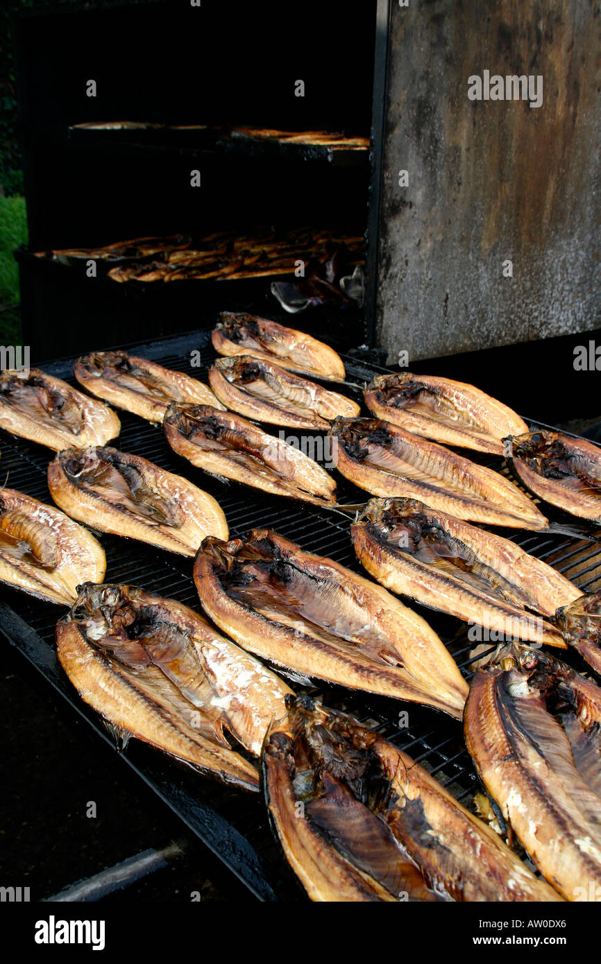 Fish being smoked at the Butley Orford Oysterage in Orford Suffolk East ...