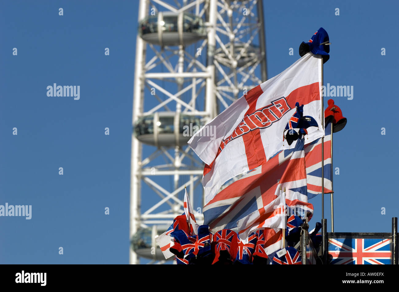 Flags of England and Britain flying on souvenir stall by Westminster ...
