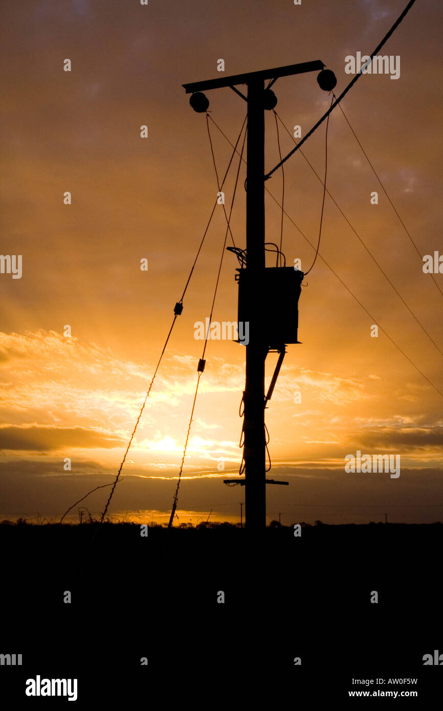 Electricity pole, transformer and wires silhouetted against sunset ...