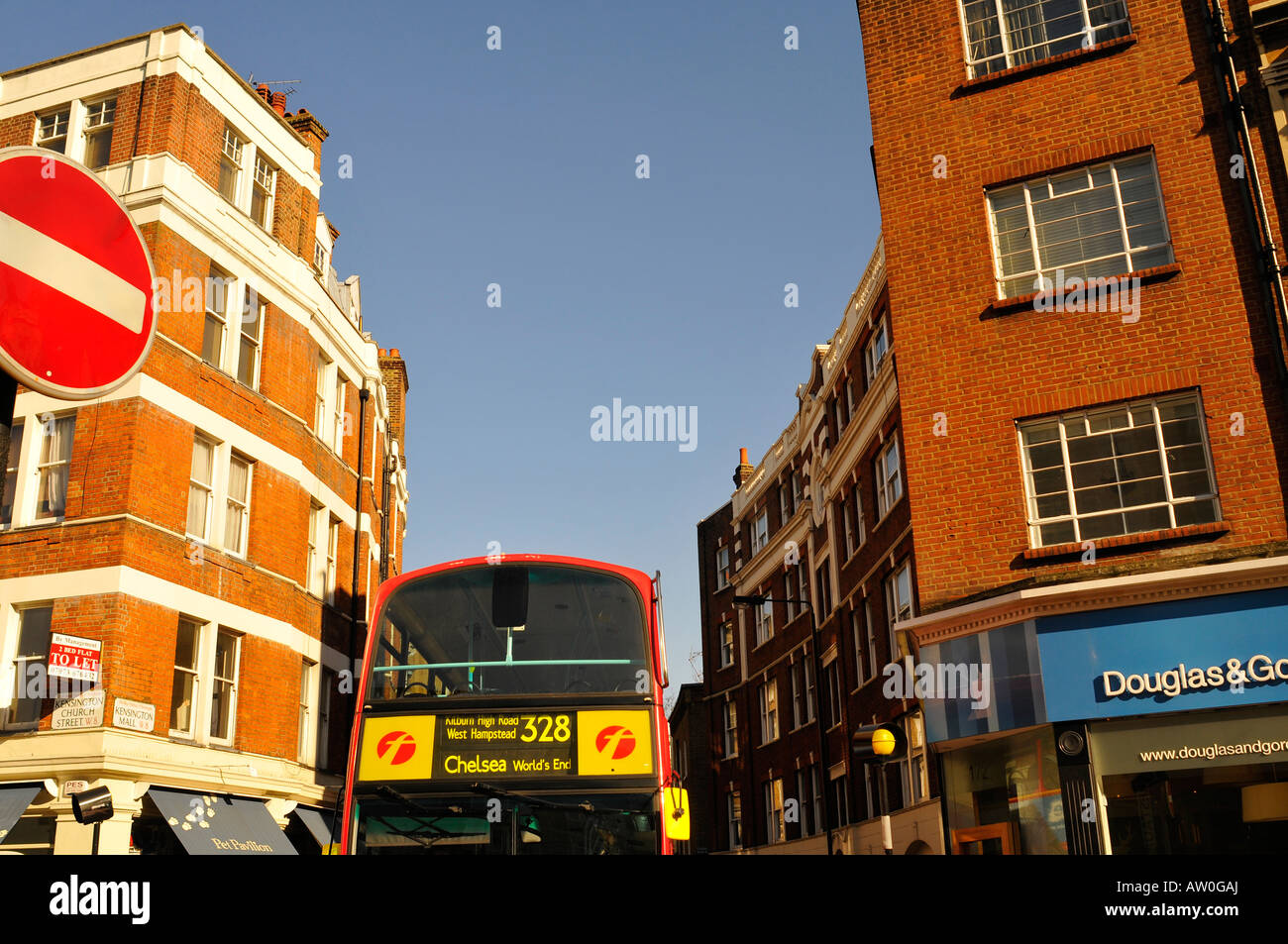Chelsea double decker bus on Kensington Church Street in London England ...