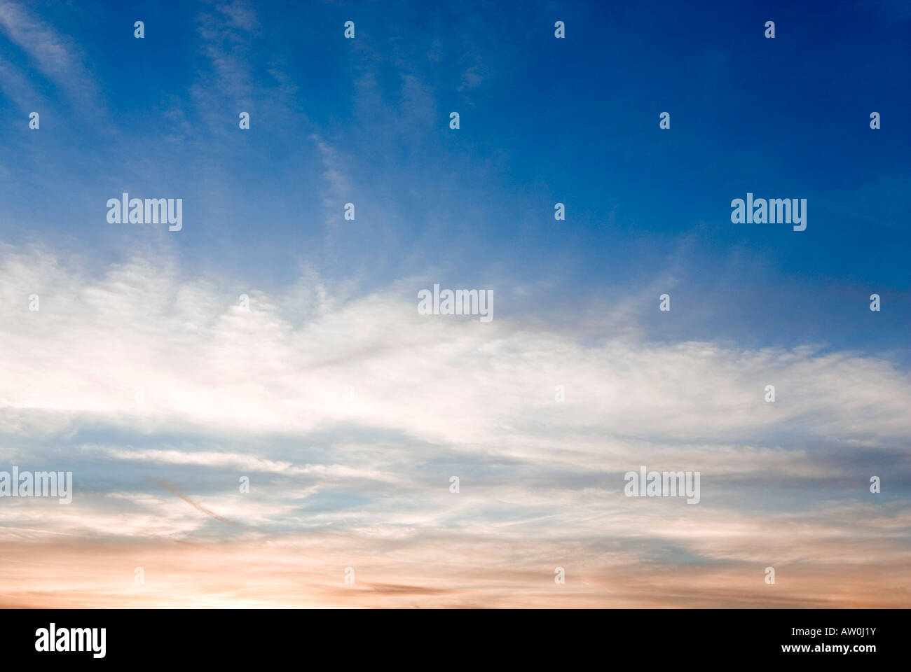 Horizontal wide angle of a deep blue sky at sunset with various cloud ...