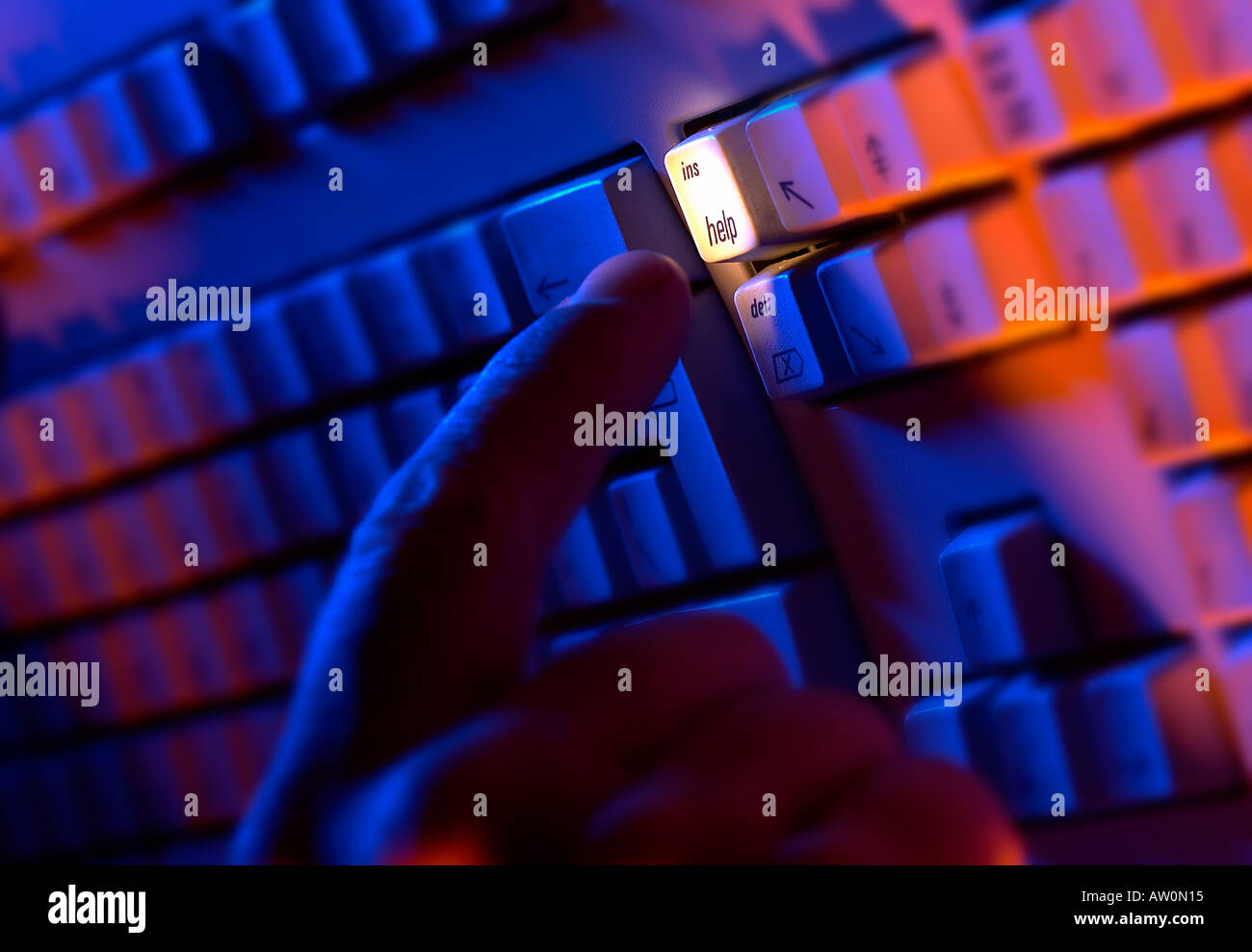 COMPUTER KEYBOARD WITH FINGER POINTING TO ILLUMINATED HELP KEY Stock ...