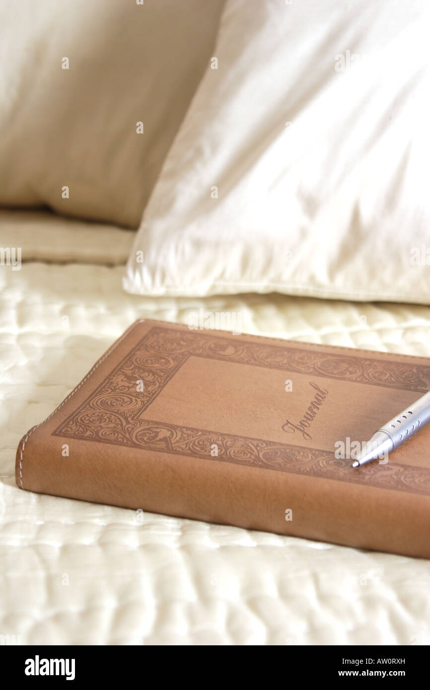 journal and pen on bed spread Stock Photo - Alamy