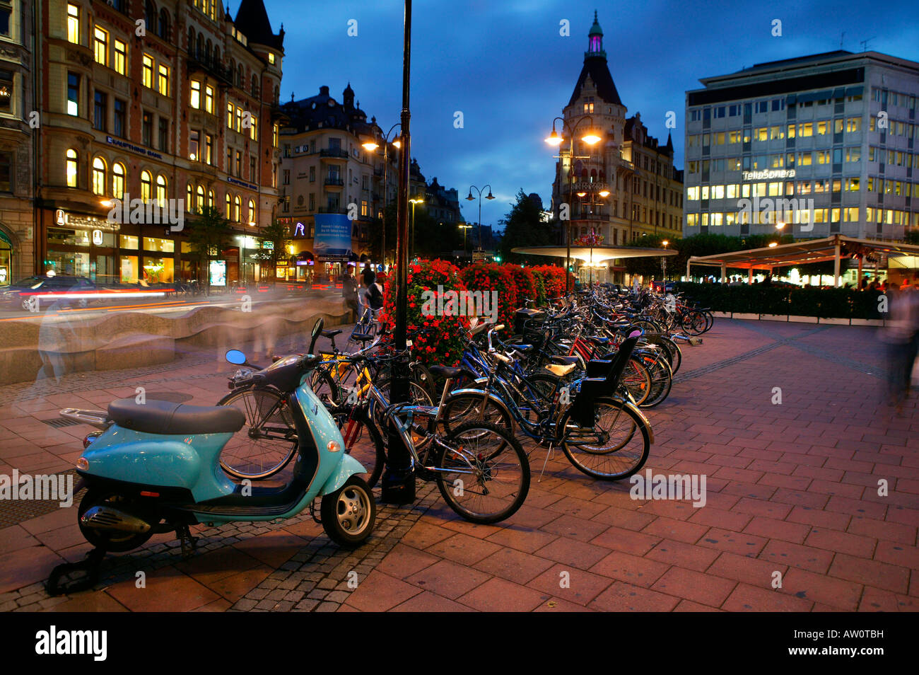 Street Scene with Scooter, Bicycles, Stockholm, Sweden Stock Photo - Alamy