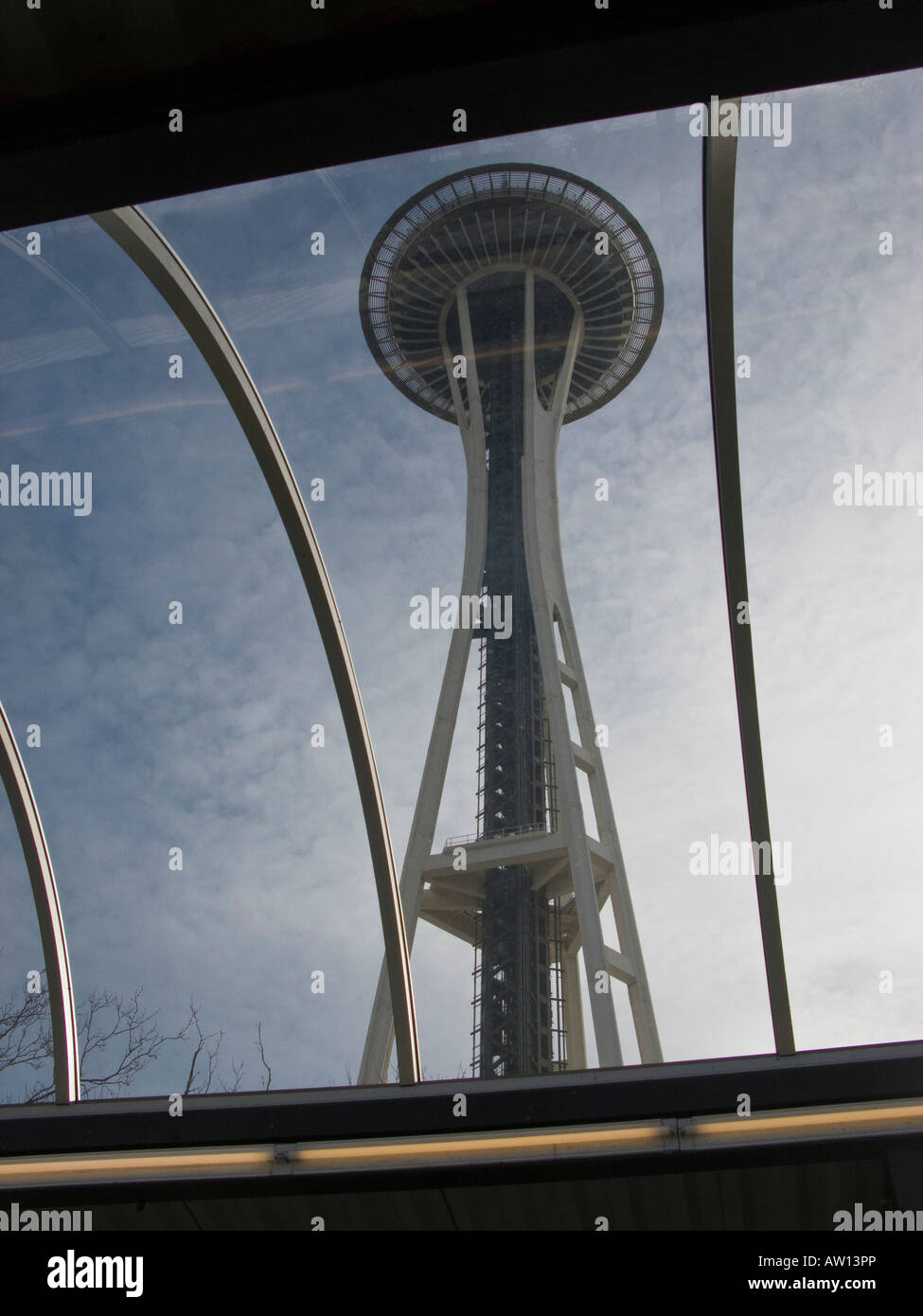 Seattle Center Space Needle through monorail glass roof Stock Photo - Alamy