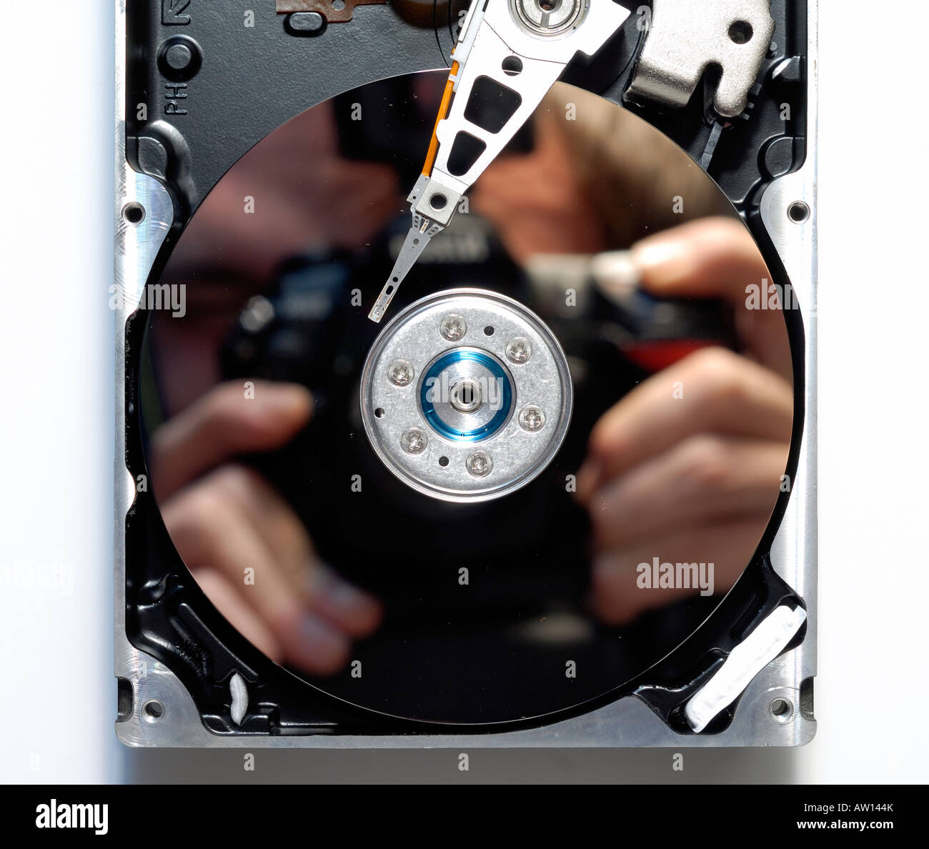 Close up of computer hard drive with portrait of photographer Stock ...