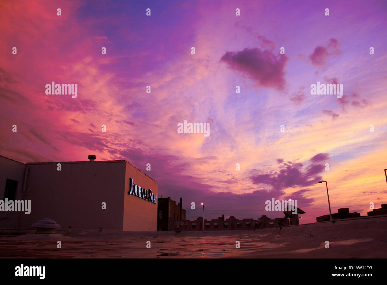Sunset over the Lincoln Journal Star newspaper building with logo Stock ...