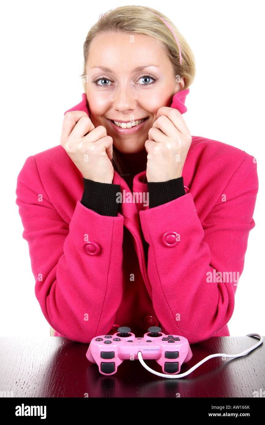 Young Woman with Video Game Controller Model Released Stock Photo - Alamy