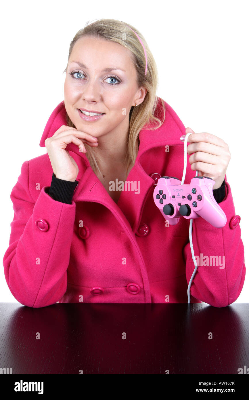 Young Woman Picking up Video Game Controller Model Released Stock Photo ...