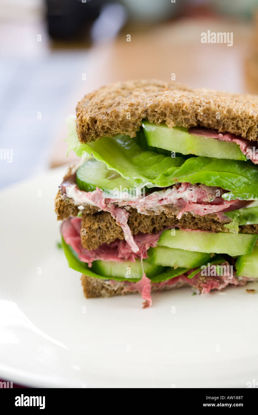 Healthy double sandwich cut with roastbeef and lettuce Stock Photo - Alamy