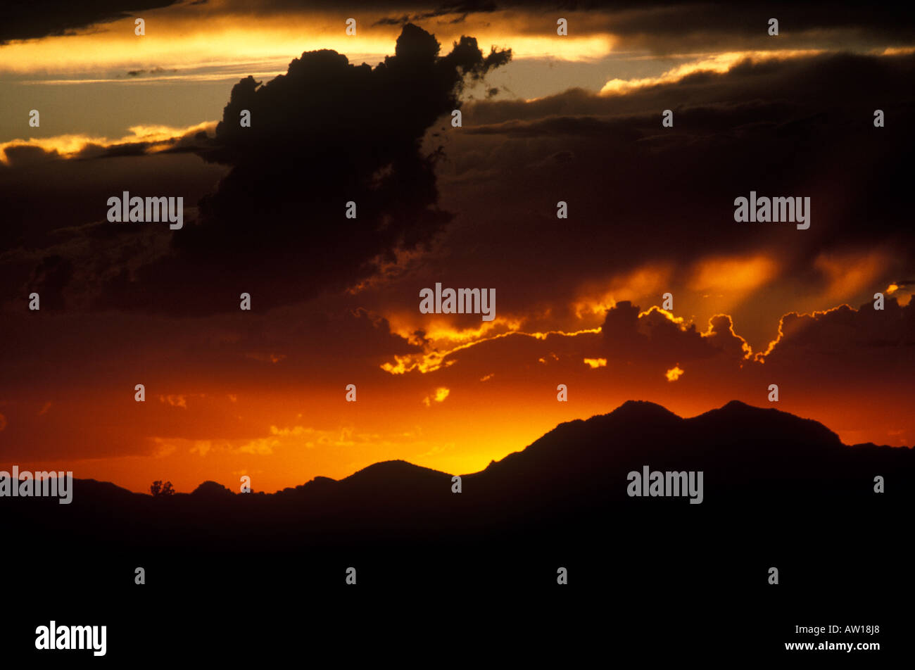 A vibrant sunset glows in red, orange and yellow over the desertscape ...