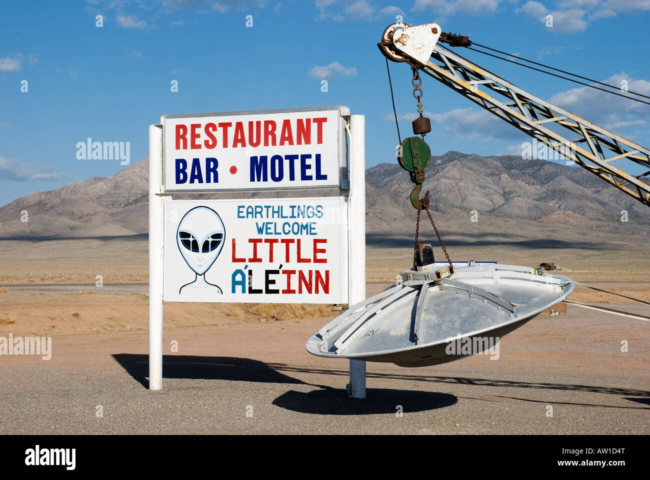 Sign and model spaceship at Little Ale'Inn in Rachel, Nevada, USA Stock ...