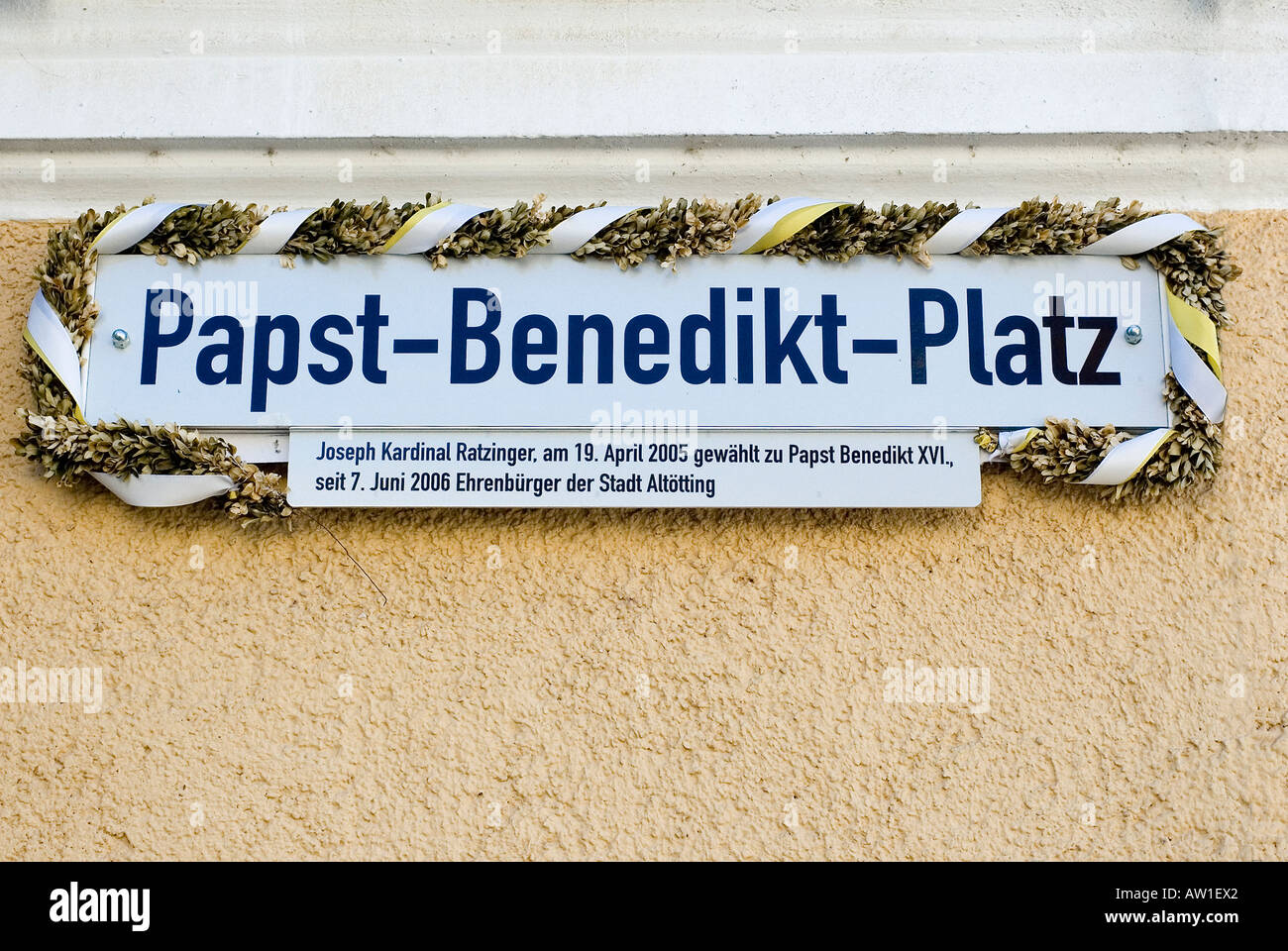 Road sign "Papst-Benedikt-Platz" Place of pilgrimage, Altoetting ...
