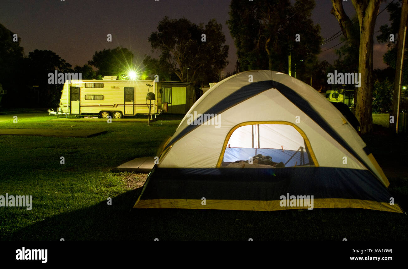 Tent and caravan at night, photos by Bruce Miller 2/ 2008 Stock Photo ...