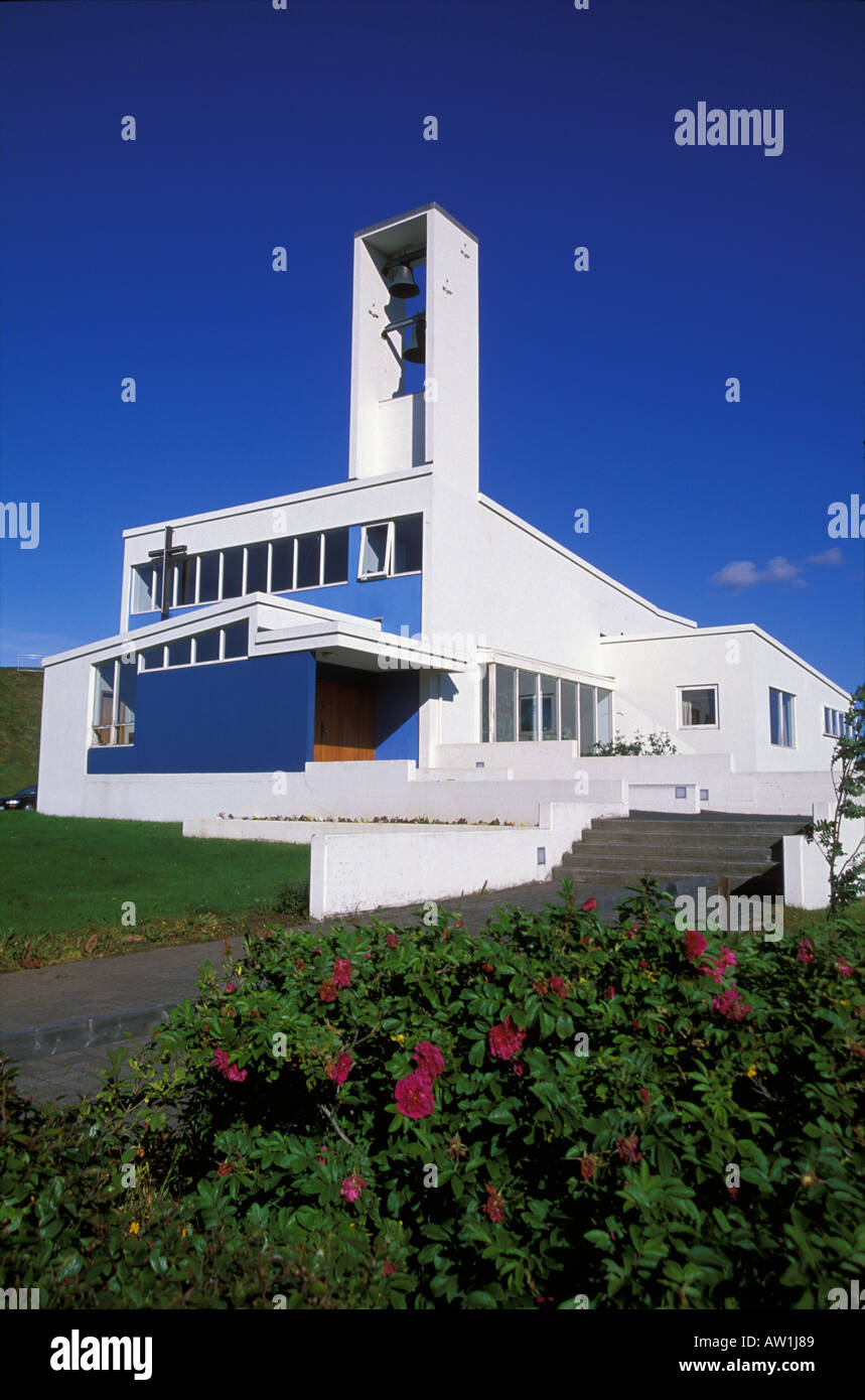 Modern Icelandic church with blue and white architectural exterior ...
