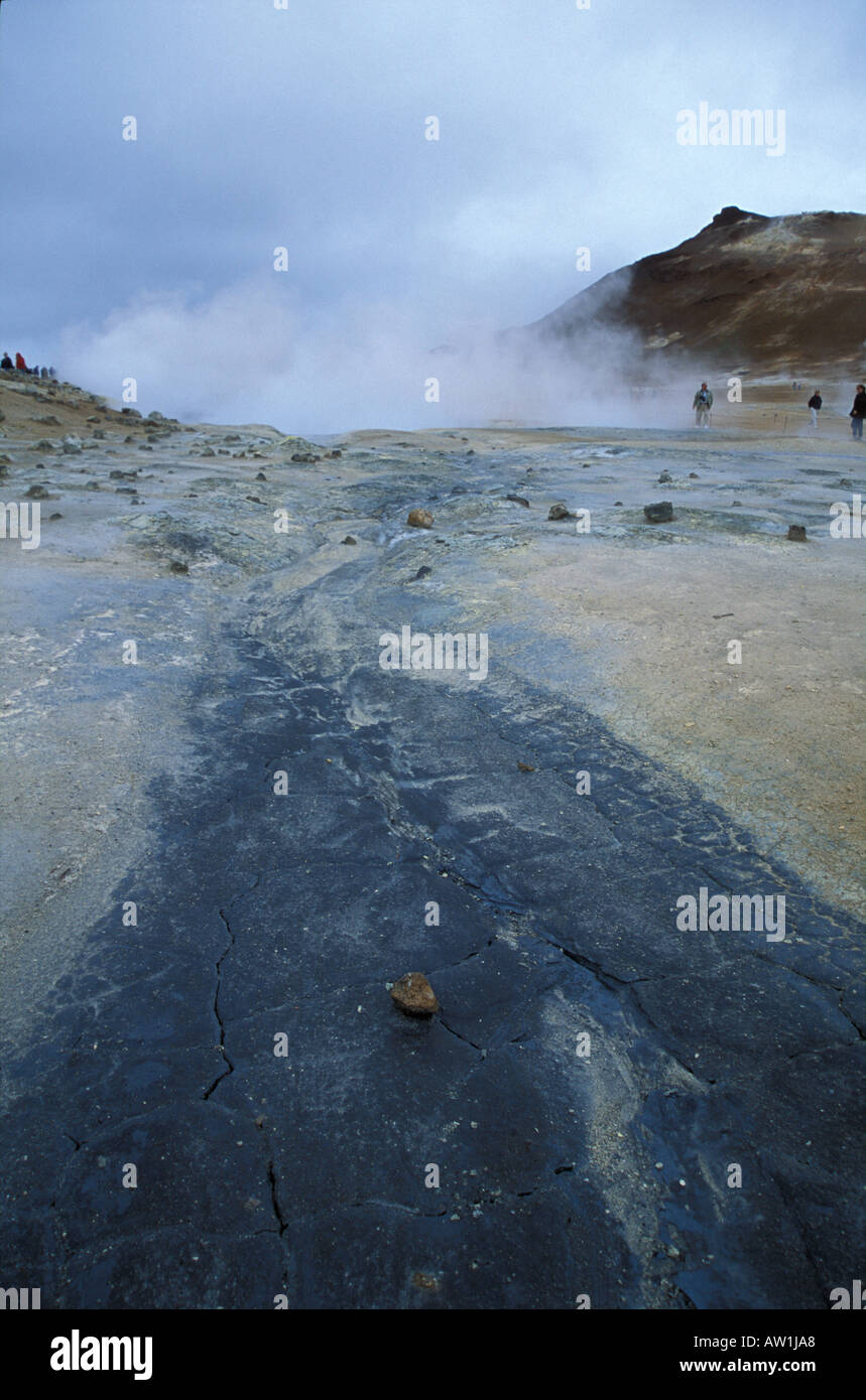 Hardened mud and hot steaming geothermal landscape, Reykjanes Peninsula ...