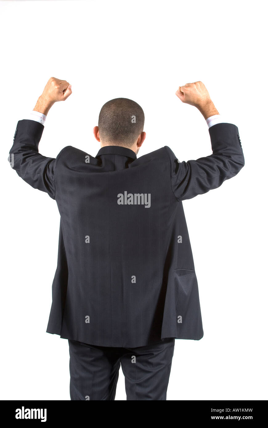 Rare view of businessman achievement raising arms hands Stock Photo - Alamy