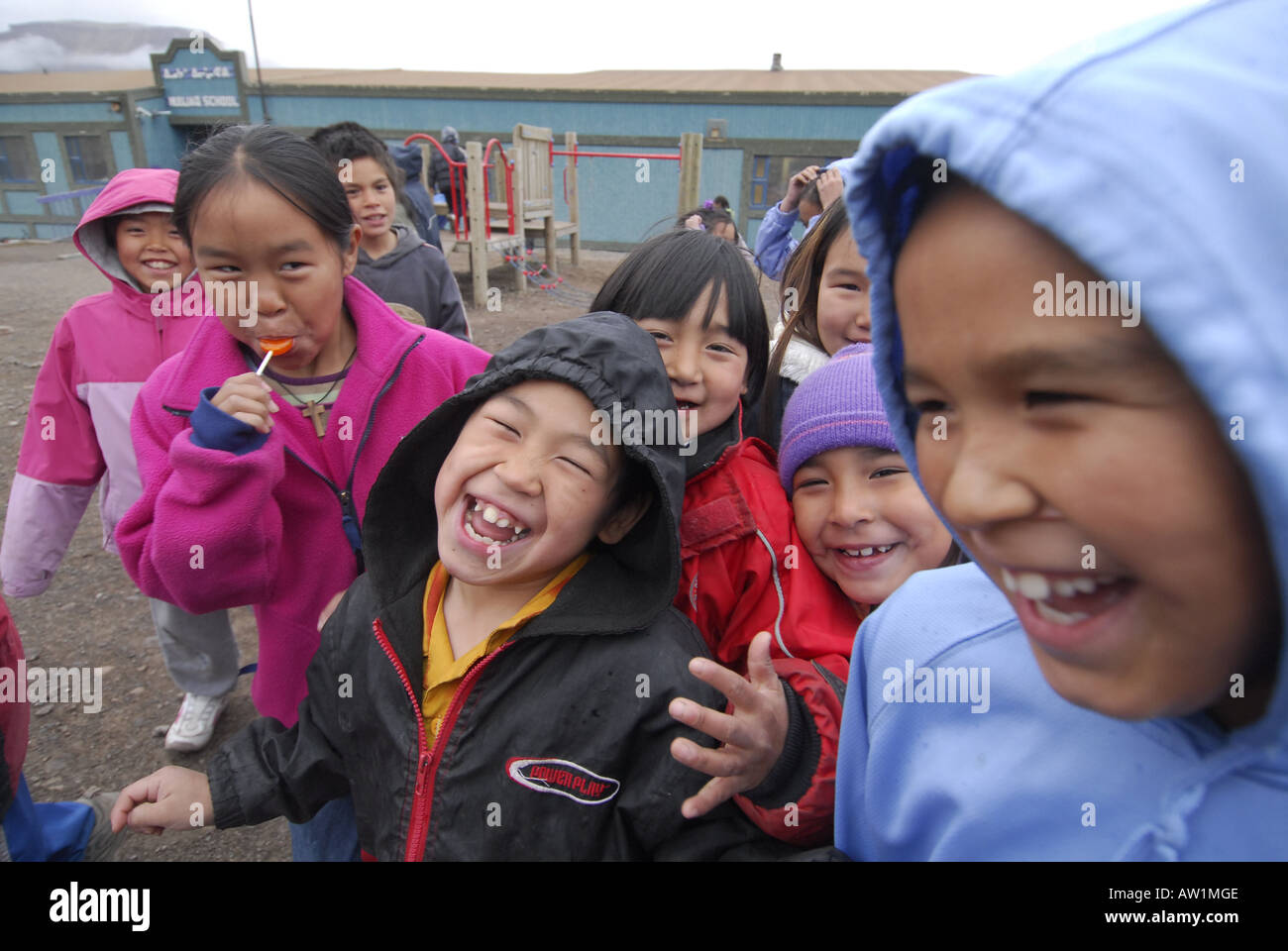 School playground Coastal Inuit community of Arctic Bay Lancaster Sound ...