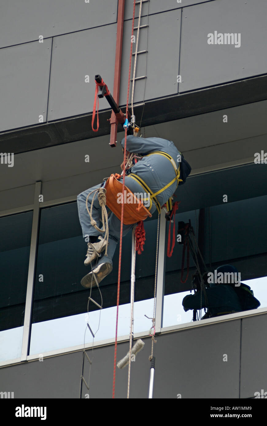 Office Window Cleaner Suspended High Up in a Seat Harness on an ...