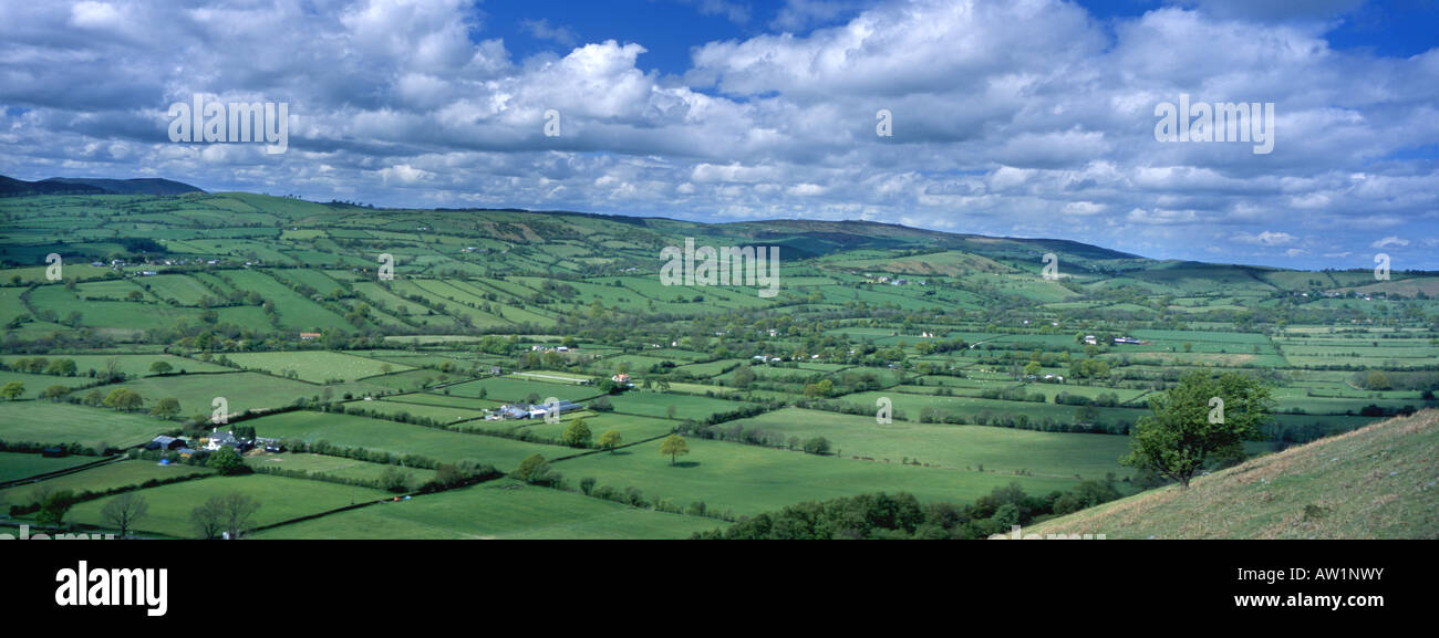 Upland farms and patchwork quilt of fields in Shropshire England viewed ...