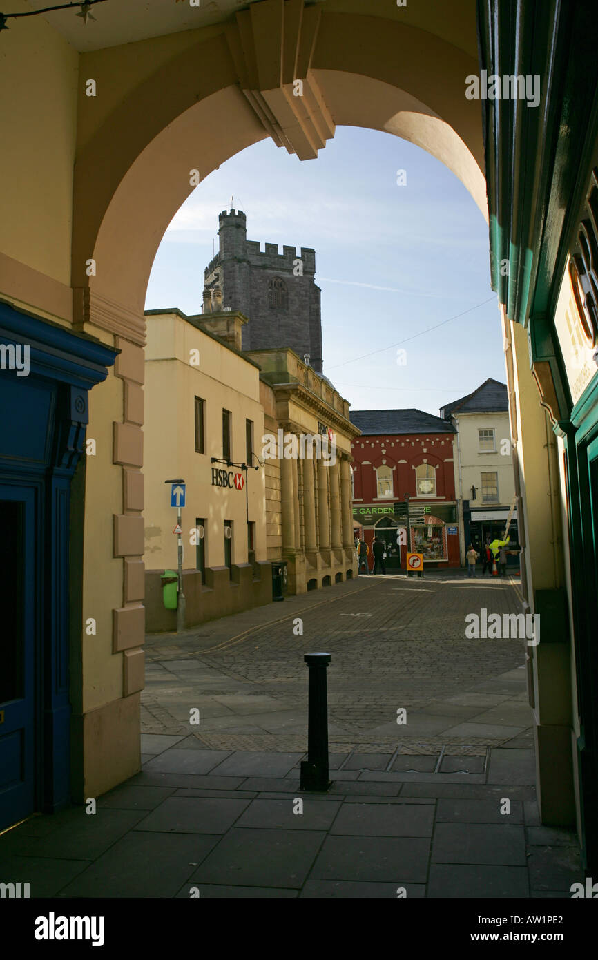 Brecon town centre viewed through an old archway, Brecon Beacons ...