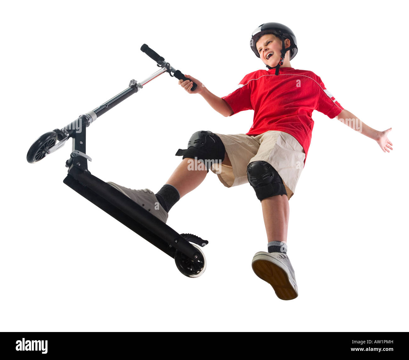 Furious boy with his scooter Unusual angle view directly below Stock ...