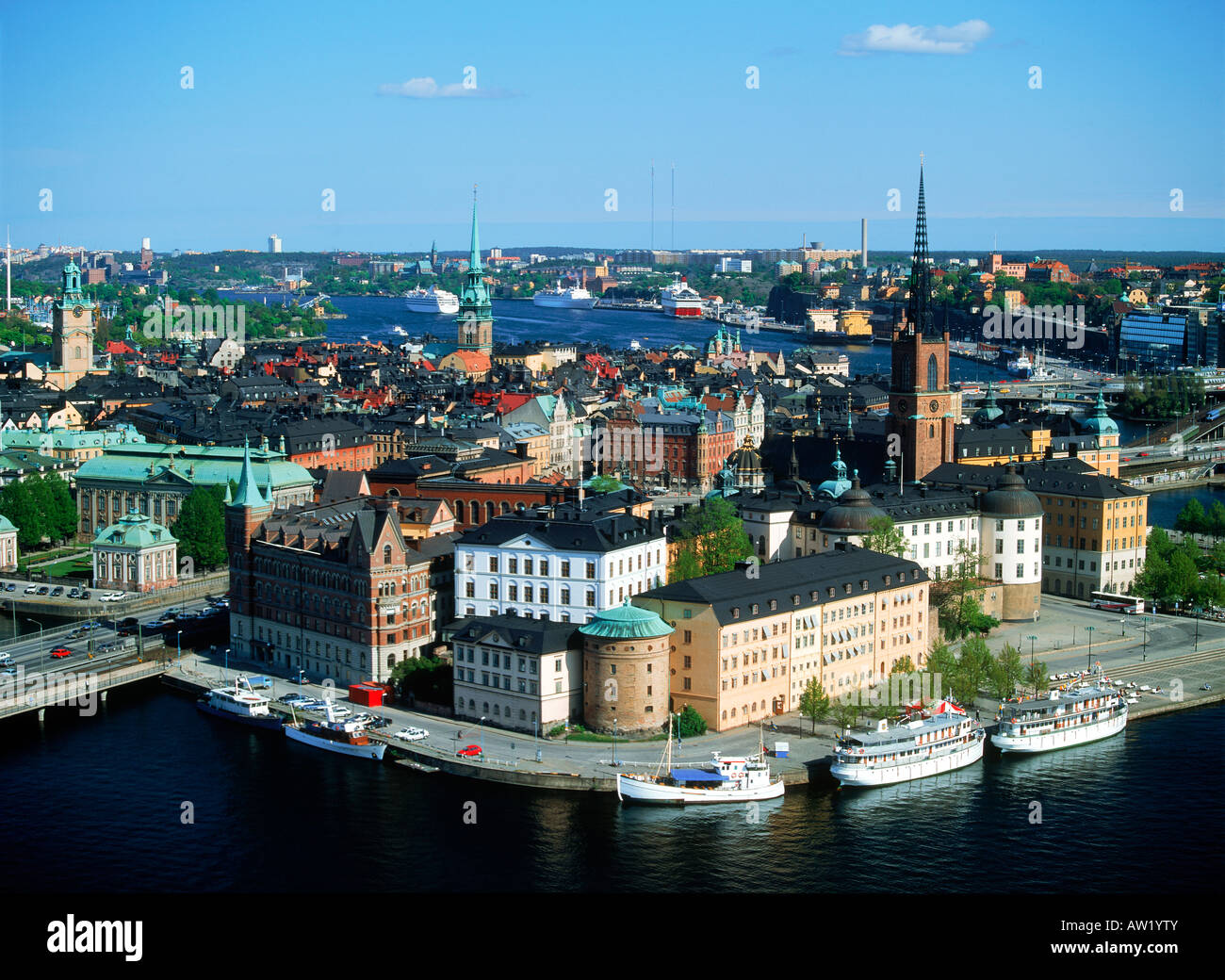 Overview of Riddarholmen Island with yachts and Gota Canal boats from ...
