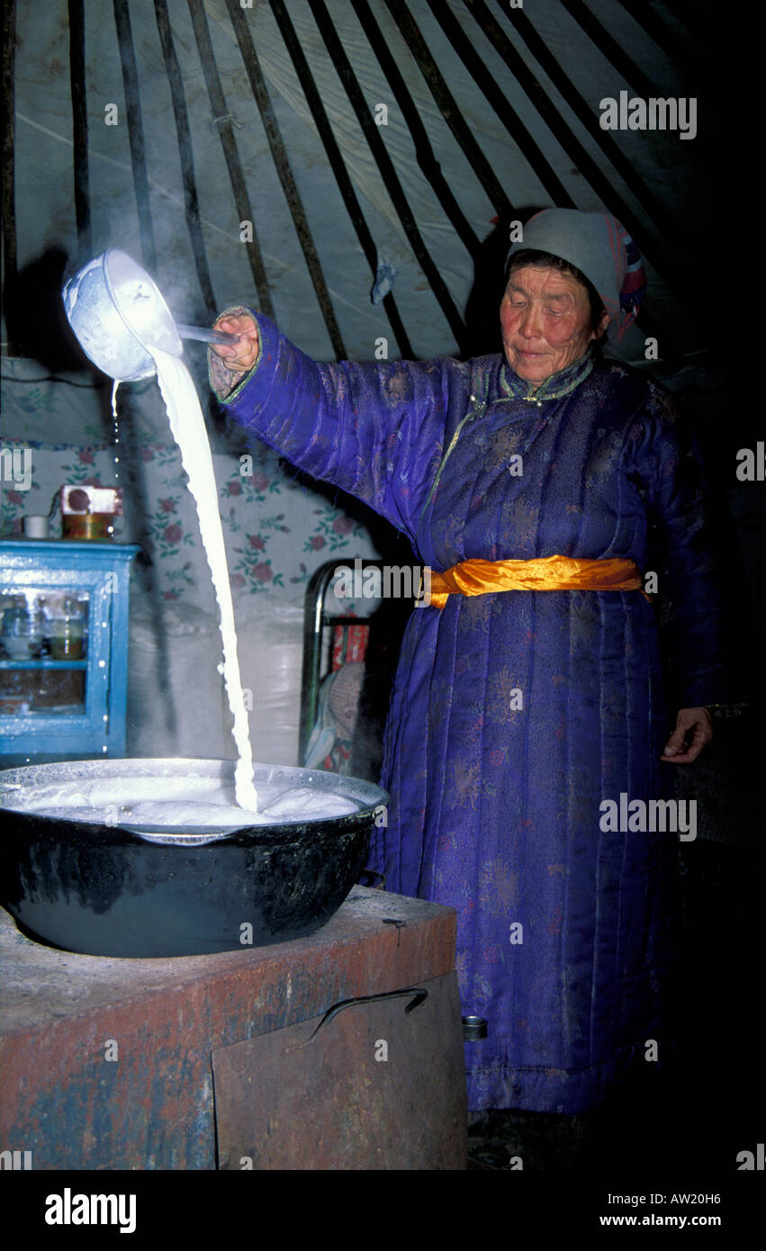 Preparation of sheep cheese. Southern Siberia, Tuva-Republik, Russia ...