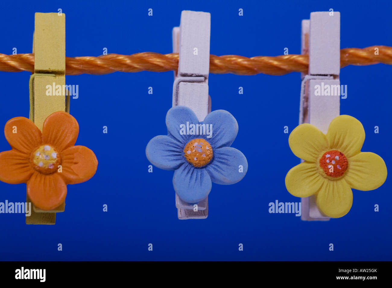 Wooden flower decorated pegs on a clothesline Stock Photo - Alamy