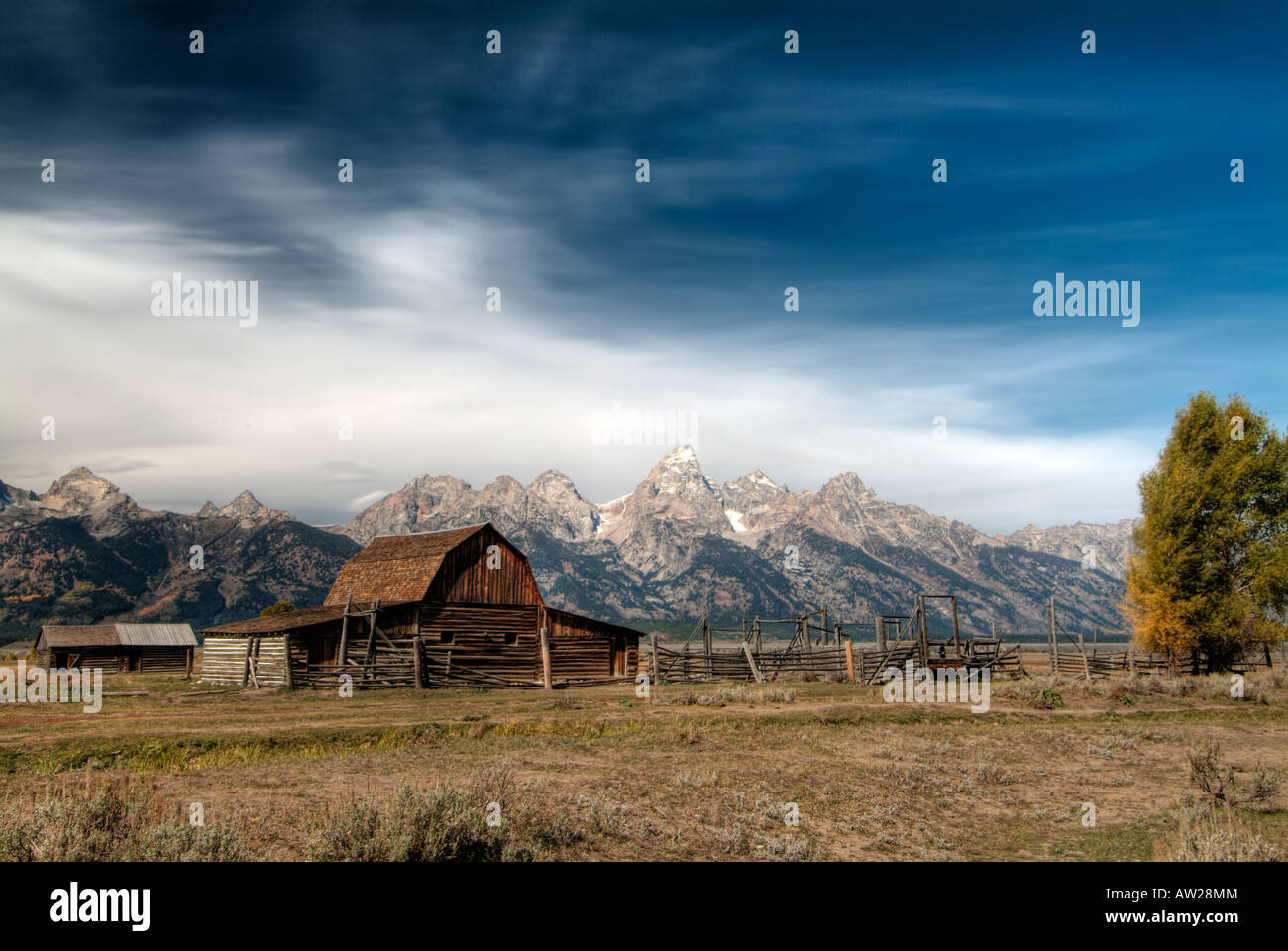 Blue sky over one of the iconic Moulton Barns on Mormon row Antelope ...